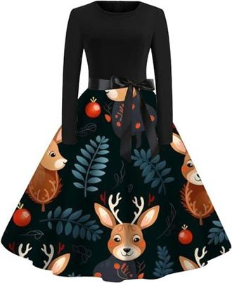 Generic Robe de No&euml;l &agrave; manches longues et col rond avec ceinture pour femme, caf&eacute;, XXL