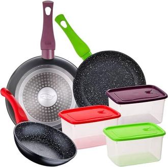 San Ignacio PK7073 Set mit 3 Pfannen, 20/24/28 cm, mit 3 luftdichten Kunststoffpfannen, 850 ml, Kollektion Jolie, Polypropylen Geschmiedetes Aluminium, bunt