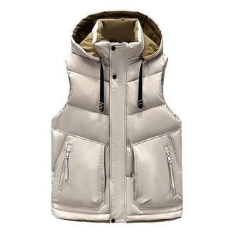 Generic Gilet matelassé à capuche pour homme - Sans manches - Solide - Rembourré - Résistant au froid - Pour lautomne et lhiver, beige, 3XL