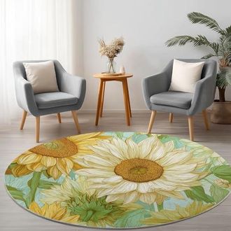 Generic Jaune Tapis Art D&eacute;co Rond Antid&eacute;rapant, Magnifiques Fleurs Tournesol Motif Doux Tapis Poils Courts pour Salon Couloir Chambre Cuisine Descente de Lit 