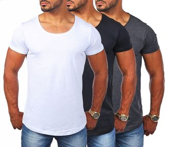 Young & Rich Herren Uni T-Shirt mit tiefem Rundhals Ausschnitt einfarbig körperbetontes Basic Tee Vintage Look 1702, Grösse:S, Farbe:Weiß/Schwarz/Dunkelgrau Melang