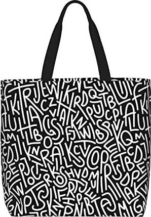 Generic Sac Fourre-Tout Alphabet En Noir Et Blanc Femmes Sac &Agrave; Bandouli&egrave;re Personnaliser Avec Poign&eacute;es Sacs En Toile &Eacute;paule, Pour Burea, Voyage, Shopping, &Eacute;co