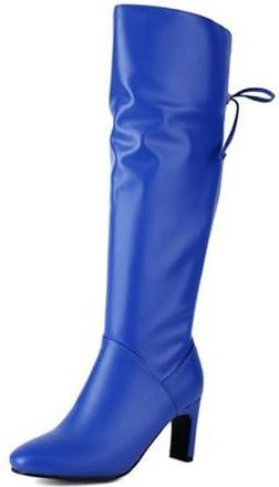 Generic Bottes Hautes Femme Bleu Vif Bout Pointu Talons Blocs Dessus Cuir Synthétique Doux Cordon De Serrage Bottes Élégantes Soirée Fête Bal,Bleu,37 EU