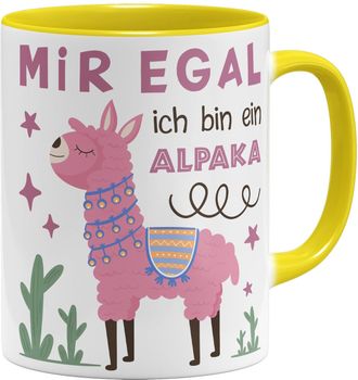 OM3 lustige Alpaca Lama Kaffee-Tasse mit Spruch - Mir egal ich bin ein Alpaka - Keramik Becher - 325ml - Beidseitig Bedruckt - Gelb