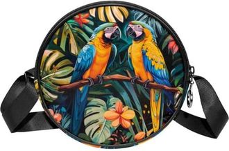 Generic Sac &agrave; bandouli&egrave;re rond pour femme, motif feuilles de palmier perroquet, petit sac &agrave; bandouli&egrave;re avec fermeture &eacute;clair, bretelles r&eacute;glables, sac &agrave; main