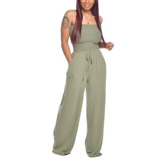 Generic Combinaison sans bretelles &agrave; la taille, combinaison d&eacute;t&eacute; sans manches avec ceinture &agrave; jambes larges, haut tubulaire ample avec poches, vert militaire,