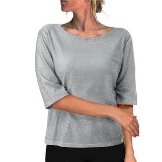 Generic Haut &agrave; paillettes argent&eacute;es pour femme - Couleur unie - L&eacute;ger &agrave; porter au quotidien - Coupe d&eacute;contract&eacute;e - Manches courtes - Col rond - Chemise &agrave; pail