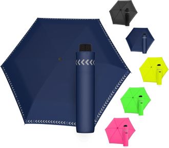 Doppler Regenschirm Safety Reflect in neon navy I Regenschirm mit reflektierendem Rand & Hand&ouml;ffner I Mini Schirm mit passender Schirmtasche I Kinderschirm re