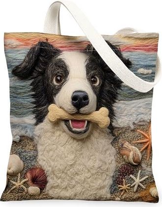 Generic Sac fourre-tout amusant en toile motif Border Collie pour faire du shopping, 33 x 38,1 cm, sac d&eacute;picerie r&eacute;utilisable pour femme, peinture danimaux do