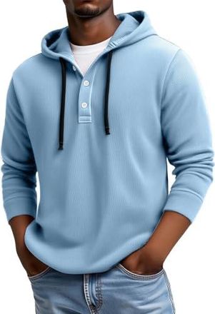 Generic Chemise à capuche en velours côtelé pour homme, manches longues, col boutonné, décontracté, sweat-shirt à capuche casaul à manches longues, bleu ciel,