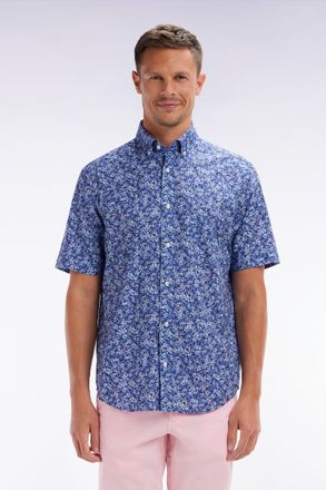 Eden Park Chemise À Manches Courtes En Popeline De Coton Pima Bleue Micromotif Floral Coupe Droite
