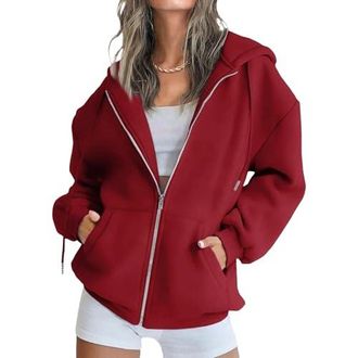 Generic Sweat &agrave; capuche zipp&eacute; surdimensionn&eacute; pour femme, rouge vin, 3XL