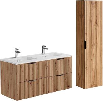Vente-Unique Vente-Unique - Meuble sous vasque suspendu stri&eacute; 120 cm - Vasque &agrave; encastrer en c&eacute;ramique - Colonne rangement naturel clair - &Eacute;co-responsable