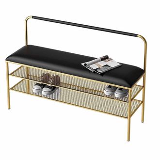 Generic LIUWOPA Aufbewahrungsbank mit Lederkissen, Eingangsbank mit gepolsterter Sitzfläche, Schuhbank aus Metall mit Armlehnen und Rückenlehnen, Schuhregalba