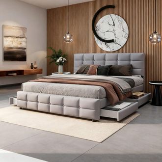 Generic Wohlfühlbett 180x200 cm - Komfort & Stauraum | 4 Großzügige Schubladen & ergonomische Rückenlehne | Grauer Samtstoff mit Lattenrost | Für Erwachsene &