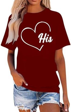 Generic T-shirt d&eacute;contract&eacute; &agrave; manches courtes et col rond imprim&eacute; pour la Saint-Valentin 2026 pour les couples hommes et femmes (3), bordeaux, XXL