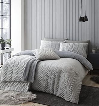 Catherine Lansfield So Soft Velvet Touch Zig Zag Pinsonic Bettwäsche-Set für King-Size-Bett, Silber
