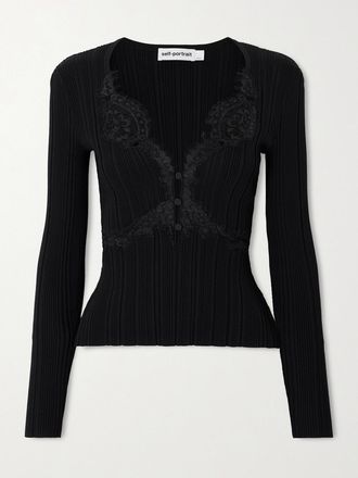 Self Portrait Haut En Mailles Côtelées À Finitions En Dentelle - Noir