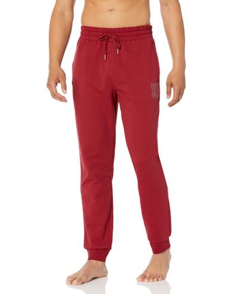 HUGO BOSS Herren Loungehose mit Gestapeltem Logo und B&uuml;ndchen Sweatpants, Dunkles Rubinrot, Large