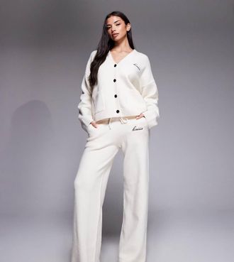 KAIIA Strickhose in Creme mit weitem Bein und Logo-Stickerei, Kombiteil-Wei&szlig;