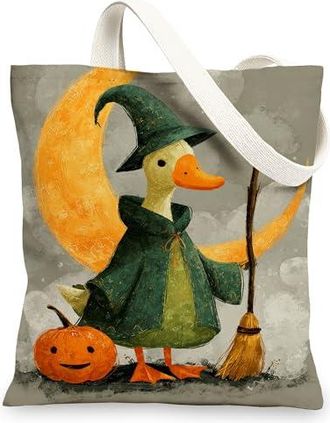 Generic Sac fourre-tout fantaisie en toile de canard, motif citrouille dHalloween amusant, sacs de courses réutilisables, légers et lavables en toile pour voy