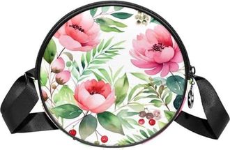 Generic Petit sac &agrave; bandouli&egrave;re circulaire pour femme, motif feuilles florales, sac &agrave; dos avec fermeture &eacute;clair, bretelles r&eacute;glables, sac &agrave; main rond d&eacute;contra