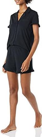 Amazon Essentials Ensemble de Pyjama Court en Coton et Modal, Col Tailleur avec Passepoil, Confortable pour la Maison (Disponible en Grande Taille) Femme, Noir, XXL