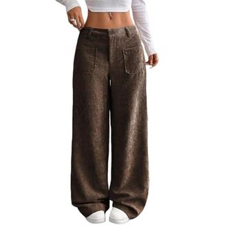 Generic Pantalon ample en velours c&ocirc;tel&eacute; de couleur unie avec 4 poches, pantalon ample en velours c&ocirc;tel&eacute; pour femme, caf&eacute;, XL