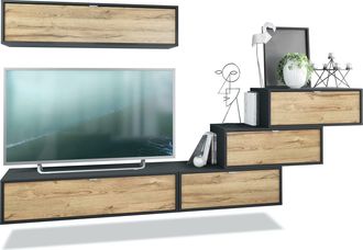 Vladon Wohnwand Lana V1 Anbauwand aus 5 Hängeelementen mit 12 Fächern, Made in Germany, Korpus in Schwarz matt, Fronten in Eiche Natur | Große Farbauswahl