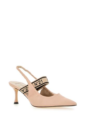 N&deg;21 Logo-Accented Leather Slingback Heel - Beige
