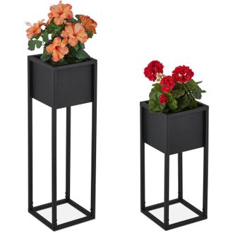 Relaxdays Relaxdays - Blumenst&auml;nder 2er Set, Metall, 2 Gr&ouml;&szlig;en, mit Gestell, Wohnzimmer & Flur, eckiger Pflanztopfst&auml;nder, schwarz