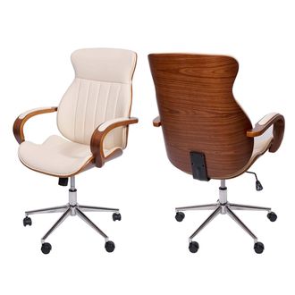 Mendler Bürostuhl HWC-H39, Schreibtischstuhl Drehstuhl Chefsessel, Bugholz Walnuss-Optik Kunstleder FSC-Zertifiziert - Creme
