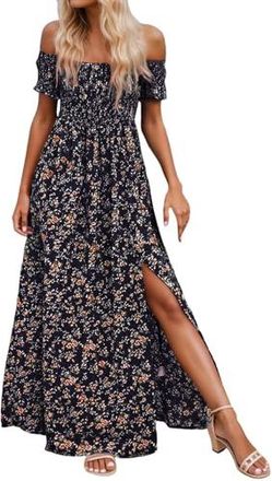 Generico Robes longues fluides &agrave; manches courtes pour femme Robe d&eacute;t&eacute; boh&egrave;me &eacute;l&eacute;gante avec imprim&eacute; floral Robe de plage l&eacute;g&egrave;re, bleu marine, XX-Large