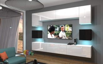 Furnitech Wohnwand Wohnzimmer | Wohnzimmer Möbel mit LED Blau | Hängend Wohnwand Modern | Wohnzimmer Schrankwand mit Regale und TV Schrank (Nowara AN1-17WB-HG23