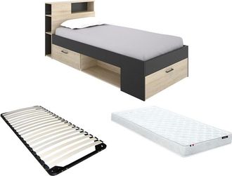 Vente-Unique Lit avec t&ecirc;te de lit rangements et tiroir - 90 x 190 cm - Anthracite et naturel + matelas + sommier - LEANDRE