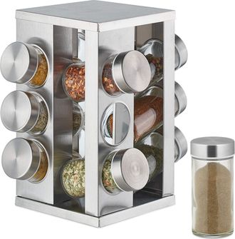 Relaxdays Gewürzkarussell mit 12 Gewürzgläsern, 360° drehbar, Edelstahl, Glas, HxD 22 x 19 cm, Gewürzregal eckig, silber, 10032729