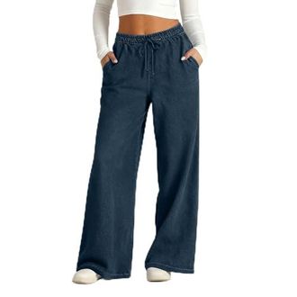 Generic Pantalon de jogging baggy pour femme - Jambes larges - Taille haute - Pantalon en jean - Pantalon de loisirs - Couleur unie - Confortable - Pantalon d