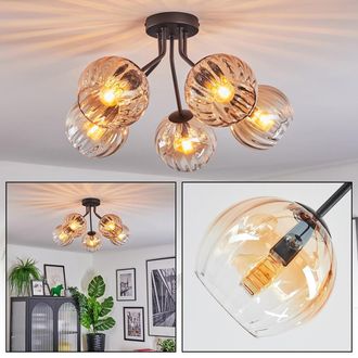 HOFSTEIN Deckenleuchte Koyoto, 5-flammige Deckenlampe aus Metall/Riffelglas in Schwarz/Bernstein/Klar, Leuchte im Retro/Vintage-Design (Schirme &Oslash; 15 cm), E14, 
