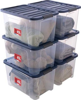 Sundis Wave Box, lot de 6 bo&icirc;tes de rangement avec couvercle et roues, 45l, en plastique transparent, superposables et empilables, id&eacute;ales pour ranger la cha