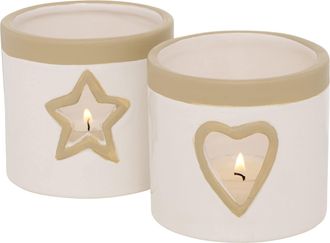 MamboCat 2tlg Set Windlicht Birma I rund I Herz & Stern I Weiß & Beige I Ø9cm, H8cm I Teelichthalter aus Steingut I Tisch-Deko I Kerzenständer I Moderne Kerzen