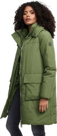 Marikoo Damen Winterjacke (S-3XL) - zum Teil mit Magnetverschluss, länger geschnitten, große Kapuze, Warme Jacke Frauen - N023 (L, Pine-Olive)