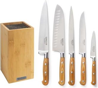 Sabatier Trompette Bloc 5 couteaux de cuisine - Essentiel - Acier 5Cr15MoV - Finition Satin&eacute;e - 26 x 15.5 cm - Bois clair