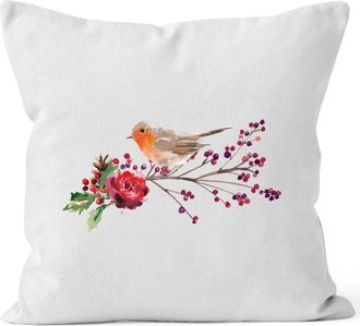 Autiga Kissenbezug Vogel Rotkehlchen Blumen Misteln Watercolor Bird Weihnachten Christmas weiß 40cm x 40cm