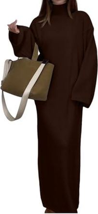 Minetom Robe Pull Longue Femme Hiver Col Roul&eacute; Manches Longues Maxi Robes en Tricot A Marron 3XL