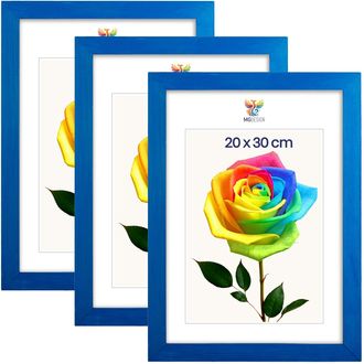 MG Design 3er Set Bilderrahmen 20 x 30 cm - Fotorahmen mit Blau Echtholzrahmen und bruchsicherem Acrylglas, Hoch & Quer zum Aufh&auml;ngen, zum Aufstellen