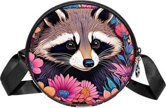 Generic Petit sac &agrave; bandouli&egrave;re circulaire pour femme, motif raton laveur avec fermeture &eacute;clair, bretelles r&eacute;glables, sac &agrave; main rond d&eacute;contract&eacute; pour femmes 