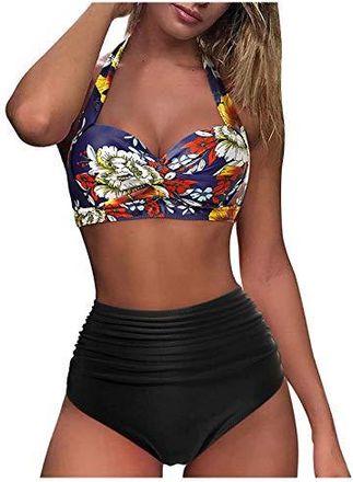 Generic Maillots De Bain Deux Pieces Femme Gainant Bikini Retro Taille Imprimer pièce roulée Ensemble Haut Deux Swimwears Tankinis Ensemble (Multicolor, M)