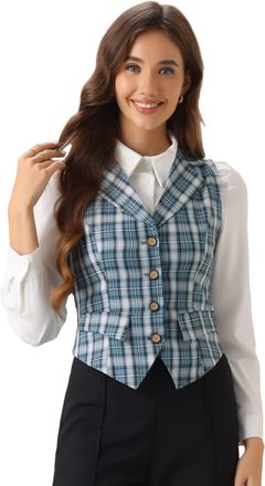 Allegra K Damen Weste Elegant Vintage Karierte Anzugweste Einreihig Reverskragen &Auml;rmellos Westen Taubenblau S