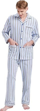 Global Herren Schlafanzug Flanell Herren Pyjama Set Lang Baumwolle Herren Zweiteilige Nachtw&auml;sche Loungewear Schlafanzughose Lang Gummizug und Kordelzug Hell