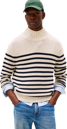 Tommy Hilfiger Herren Pullover Breton Cotton Stripe mit Mock-Neck, Mehrfarbig (Oatmilk Htr/Desert Sky), XXL